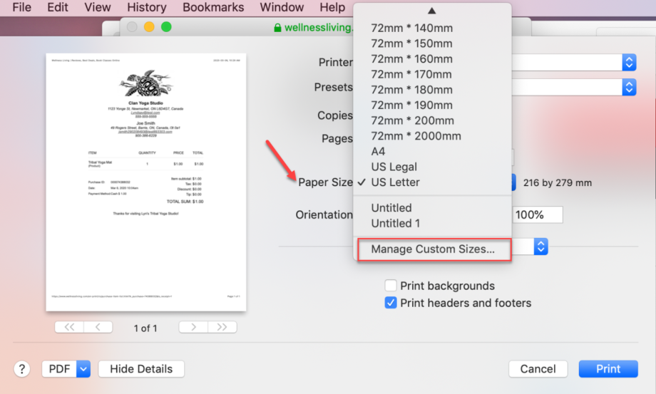 Printing receipts | WellnessLiving